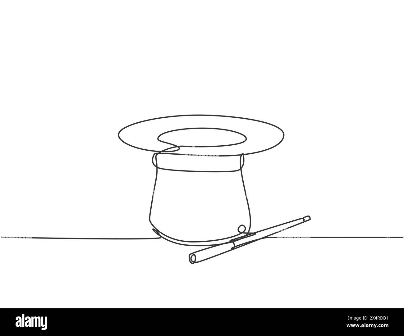 Single continuous line drawing magic hat and wand that a magician needs ...