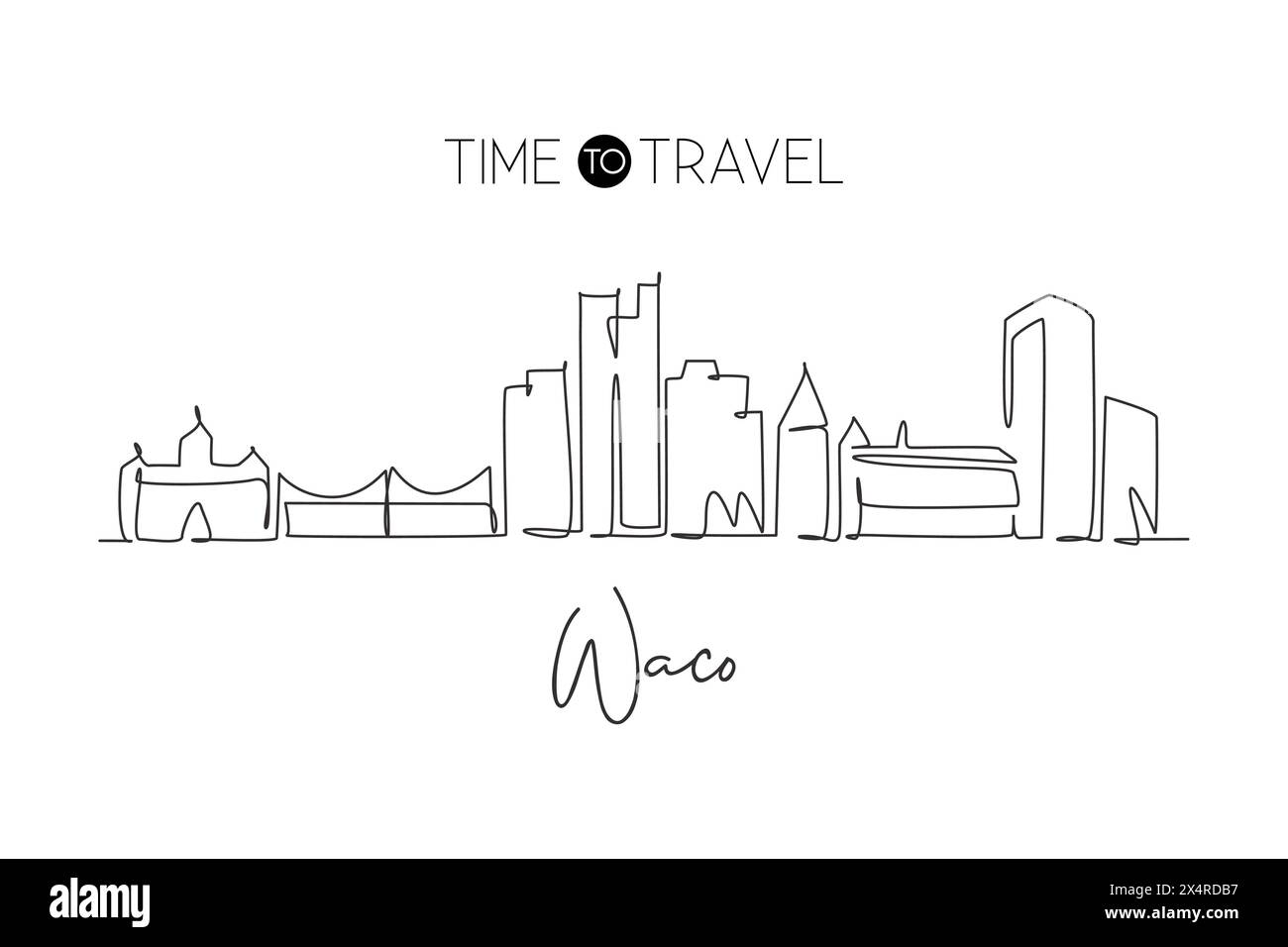 Single continuous line drawing of Waco skyline, Texas. Famous city ...