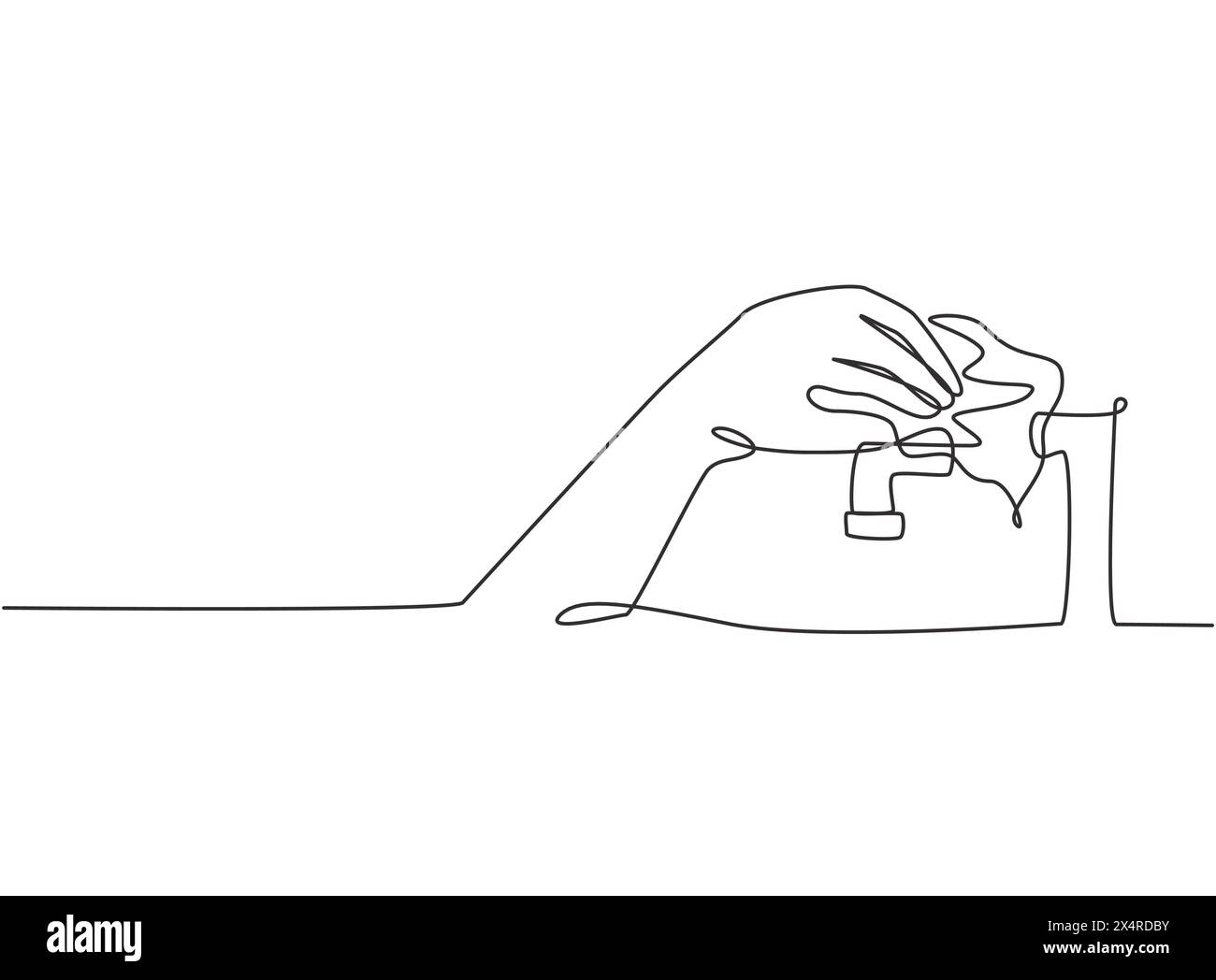 Single continuous line drawing dry the tap water with a towel after ...