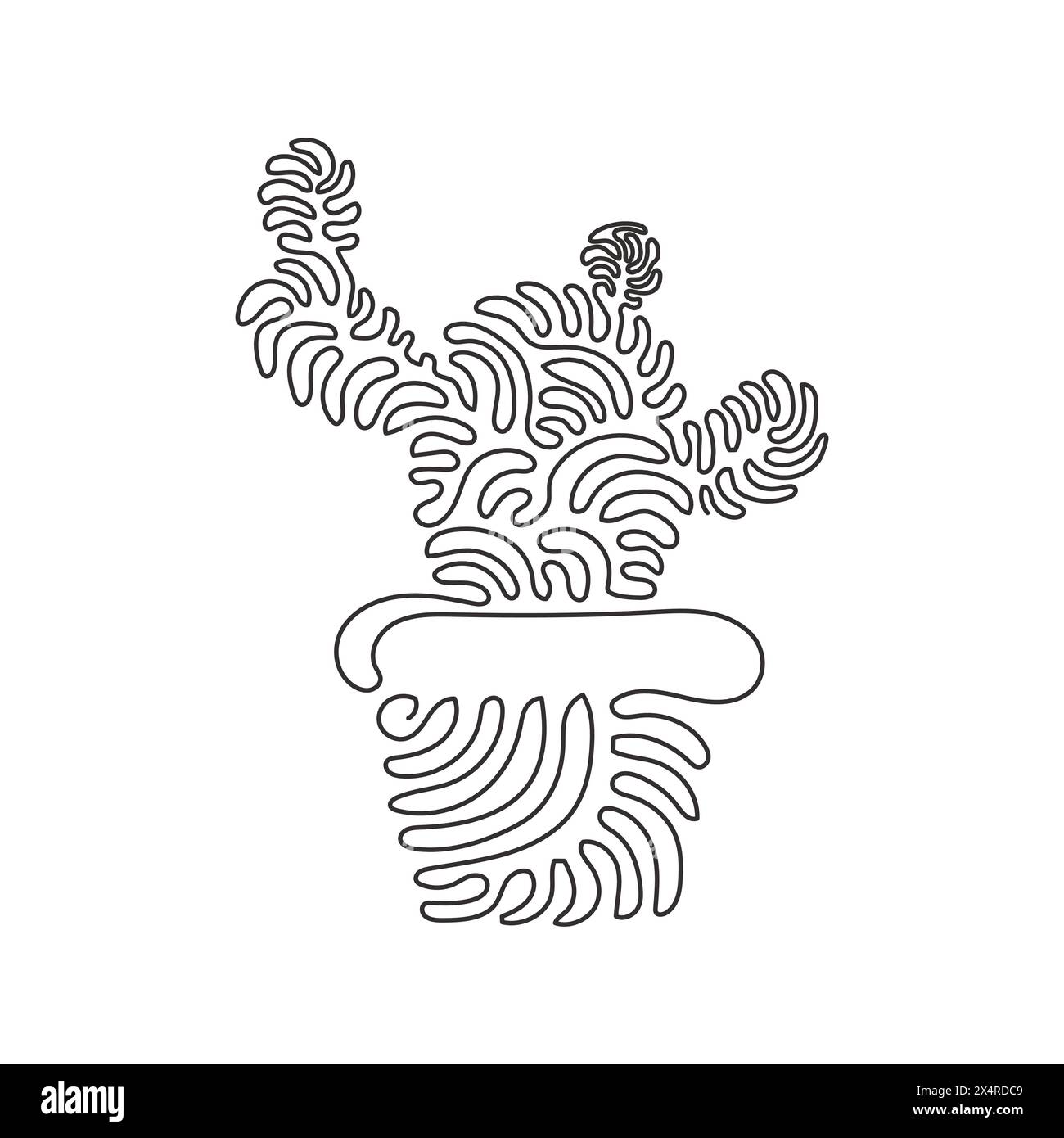 Single continuous line drawing potted tropical prickly cactus plant ...