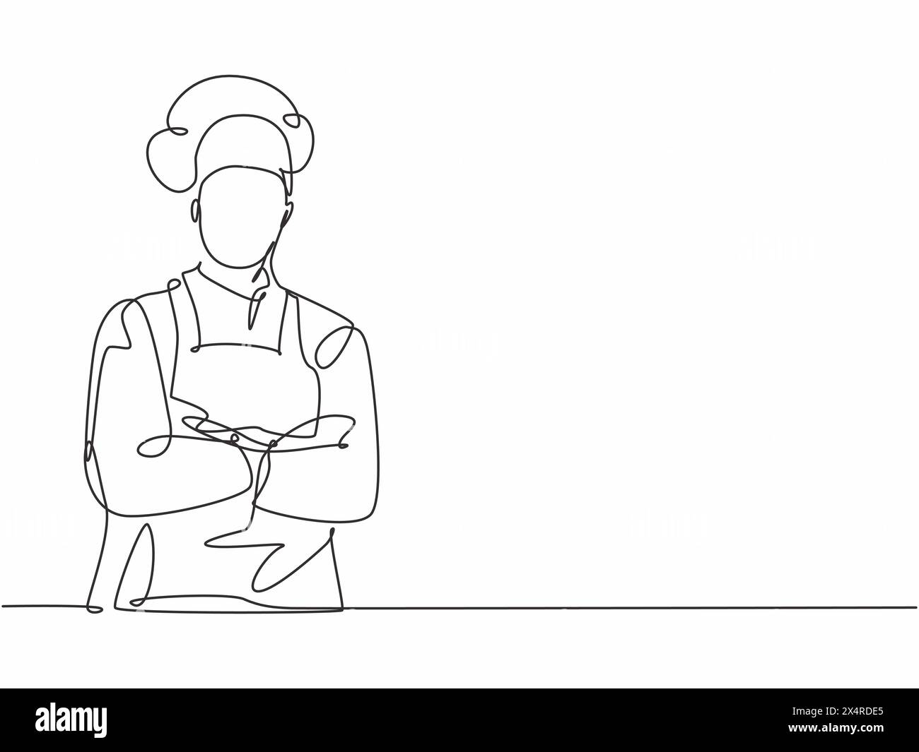 Single continuous line drawing of young confident handsome male chef in ...