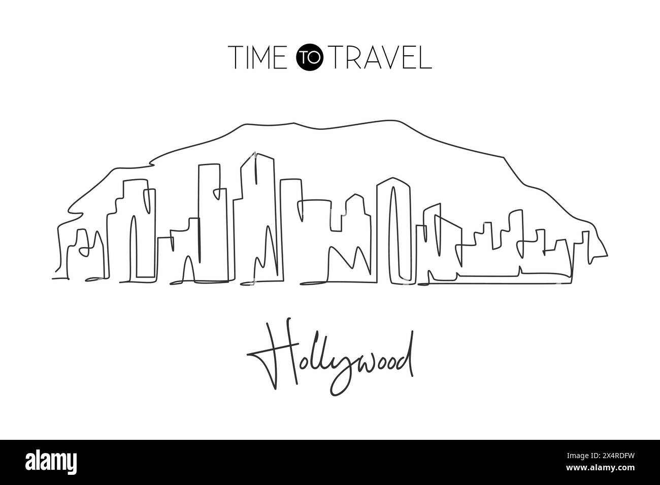 Single continuous line drawing of Hollywood skyline, Los Angeles ...