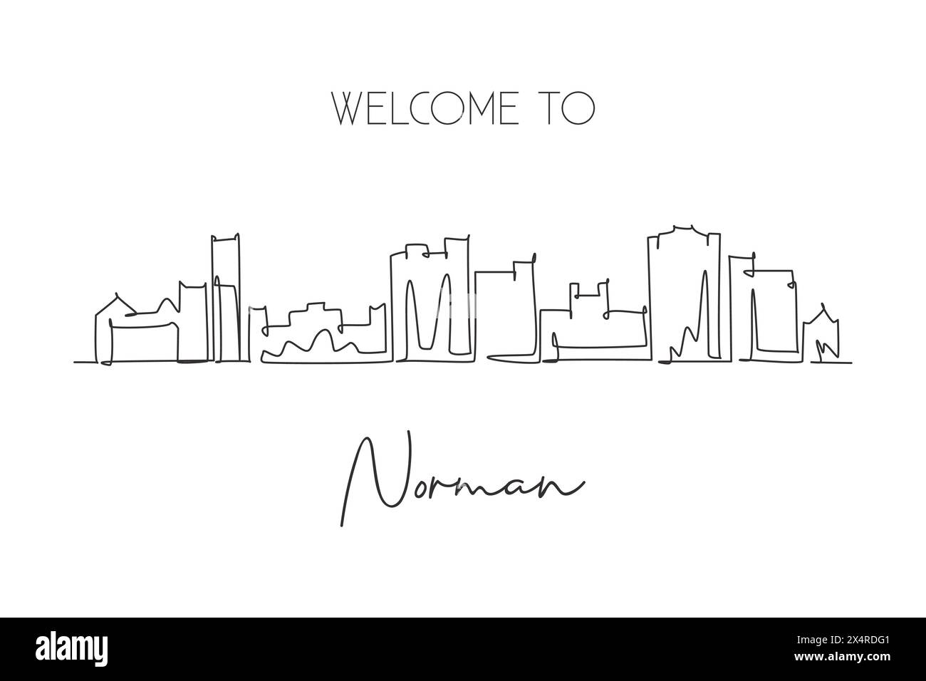 Single continuous line drawing of Norman city skyline, Oklahoma. Famous ...
