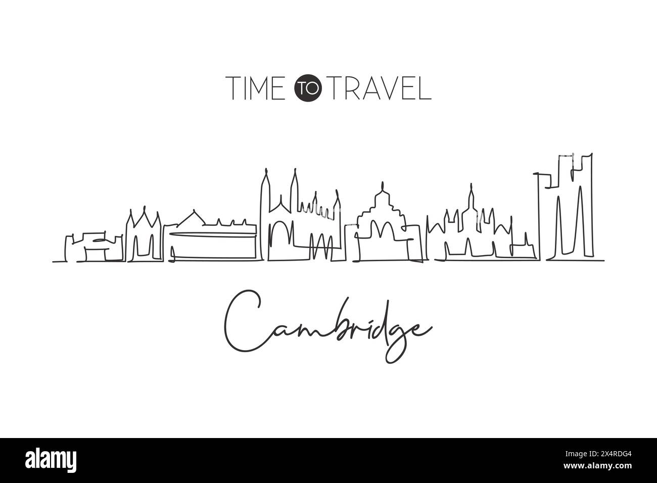 One continuous line drawing of Cambridge city skyline, England ...