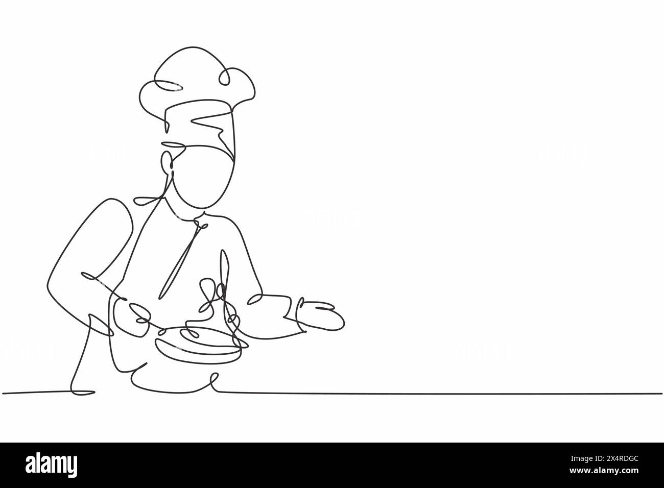 Single continuous line drawing of young handsome male chef preparing to ...