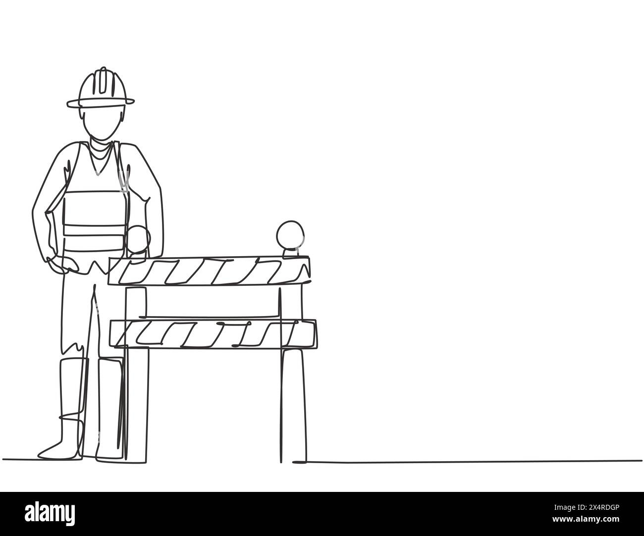 Continuous one line drawing a construction worker is standing next to ...