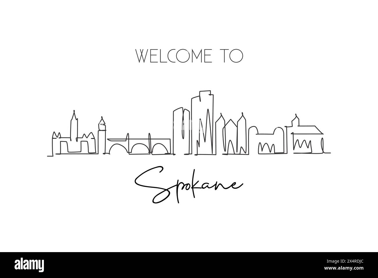 Single continuous line drawing of Spokane city skyline, Washington ...