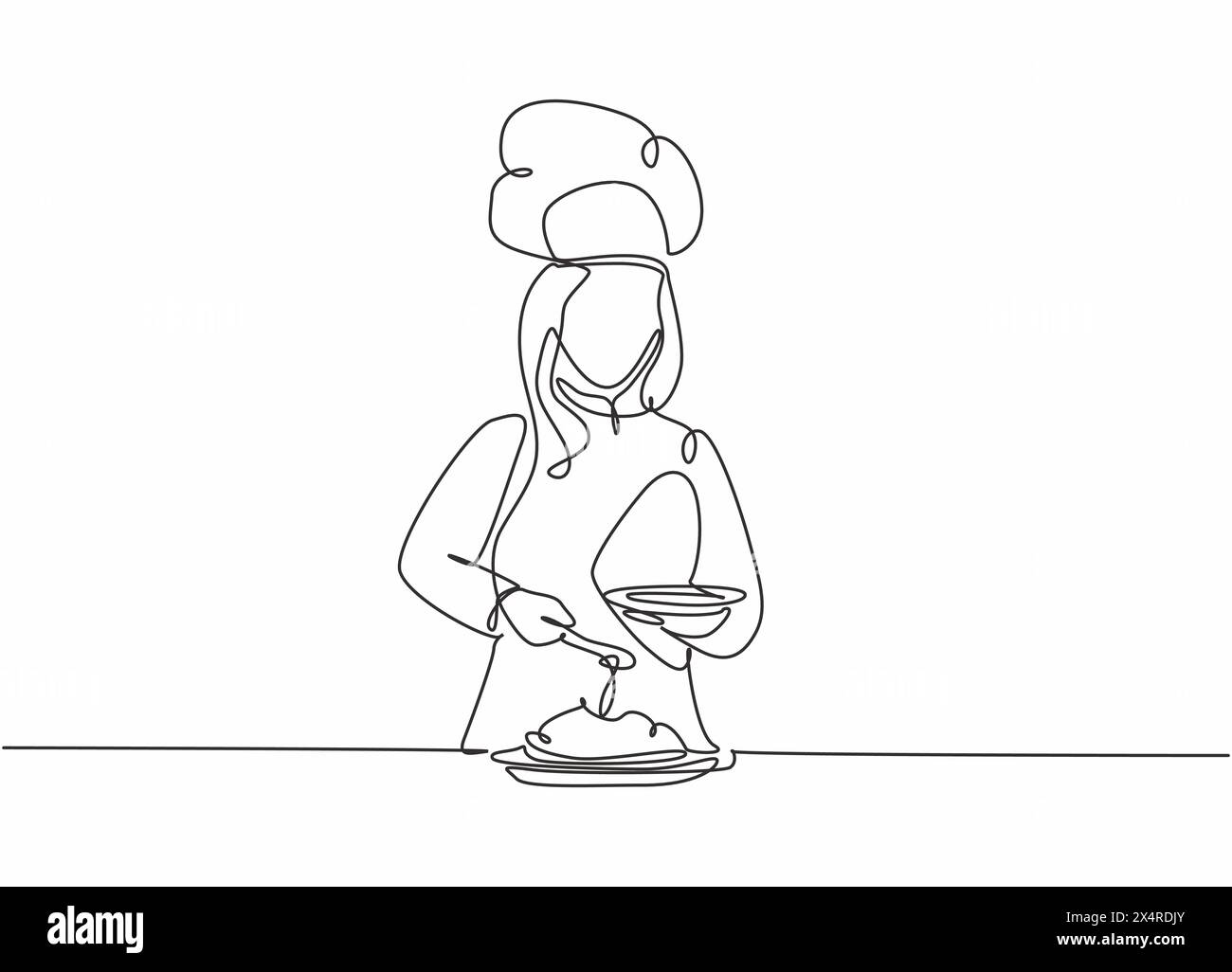 Single continuous line drawing of young happy female chef pouring sauce ...