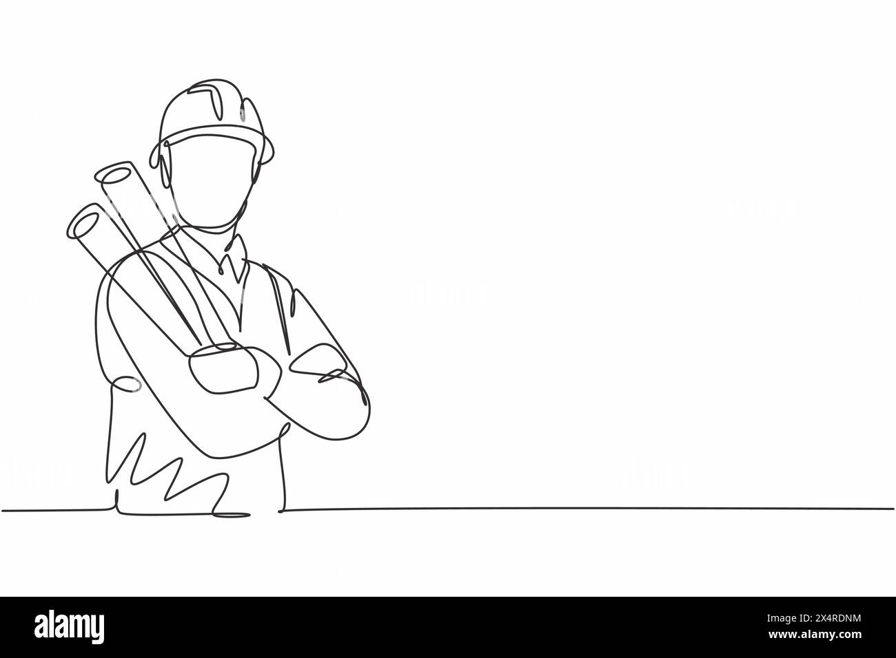 Single one line drawing young male architect cross arm on chest hold ...