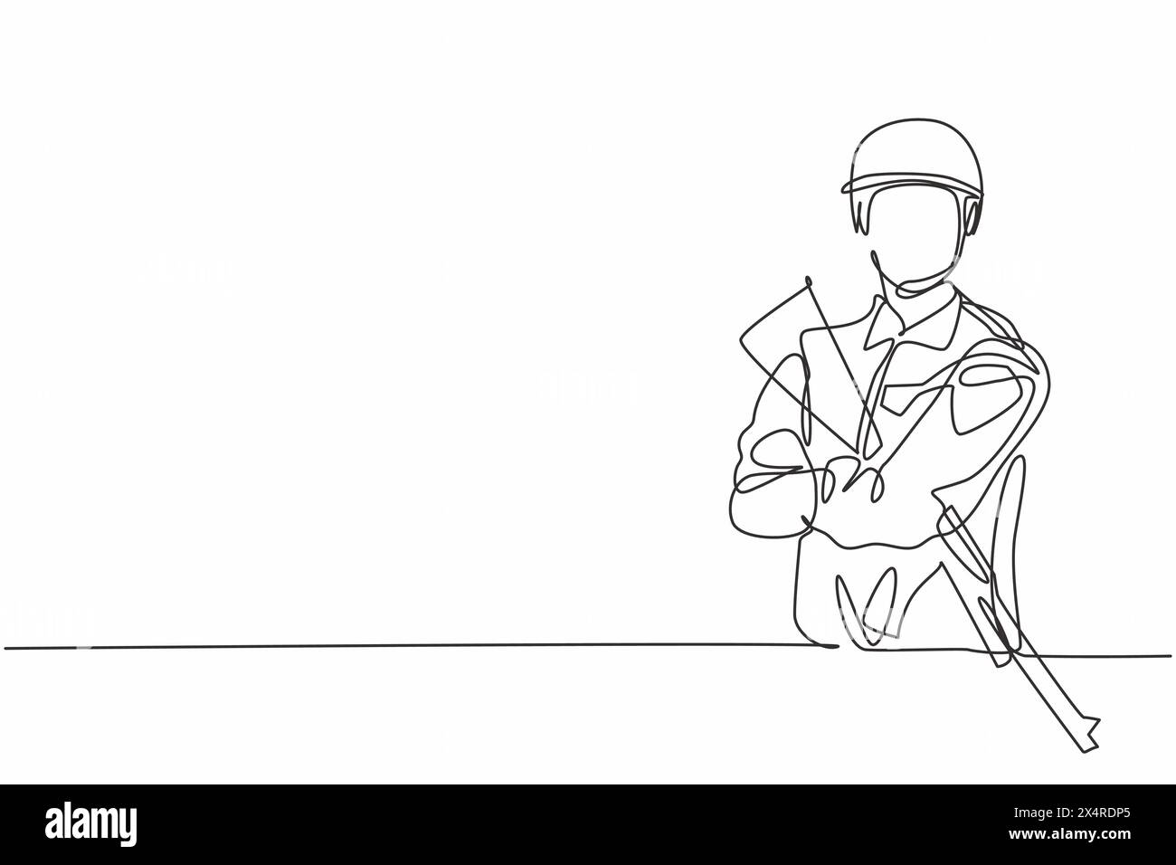 Single continuous line drawing of young soldier man cross arm on chest ...