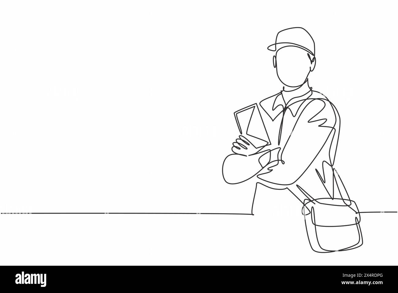 Single continuous line drawing of young postman cross arm on chest and ...