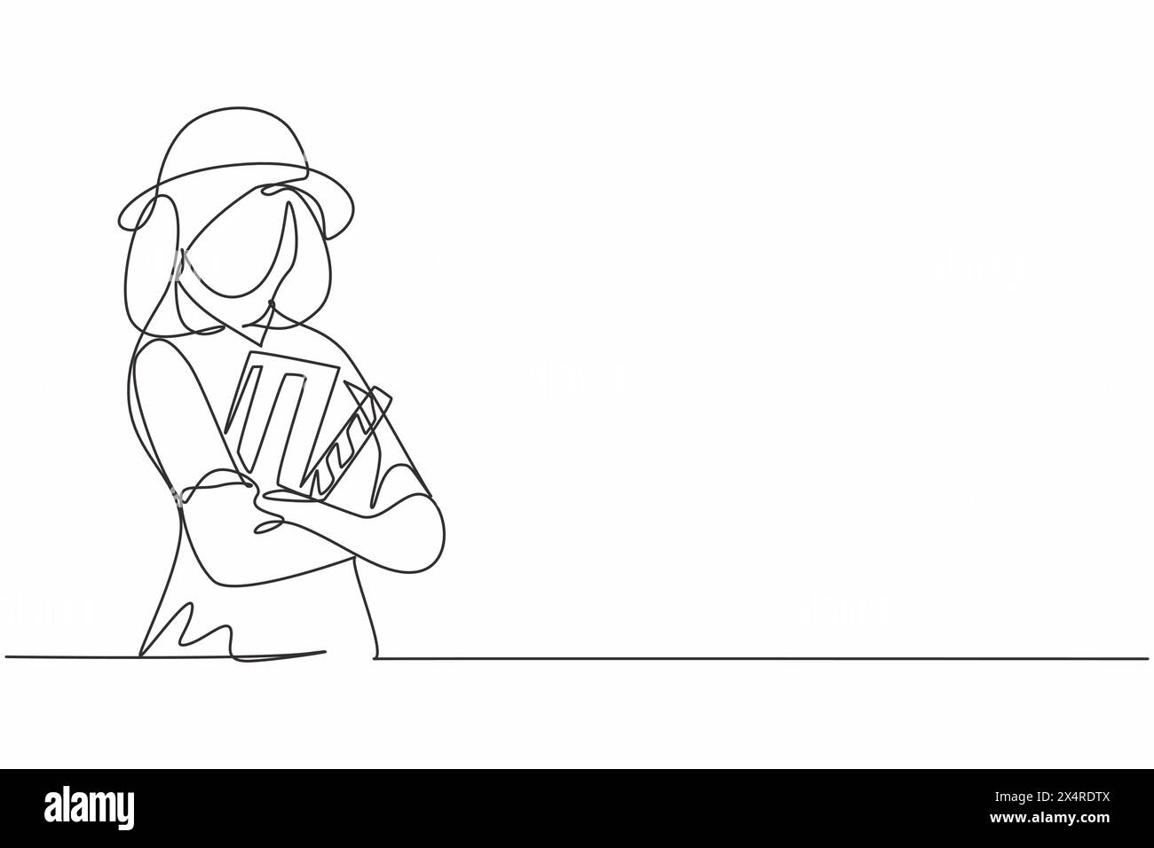 Single continuous line drawing of young female film director cross arms ...