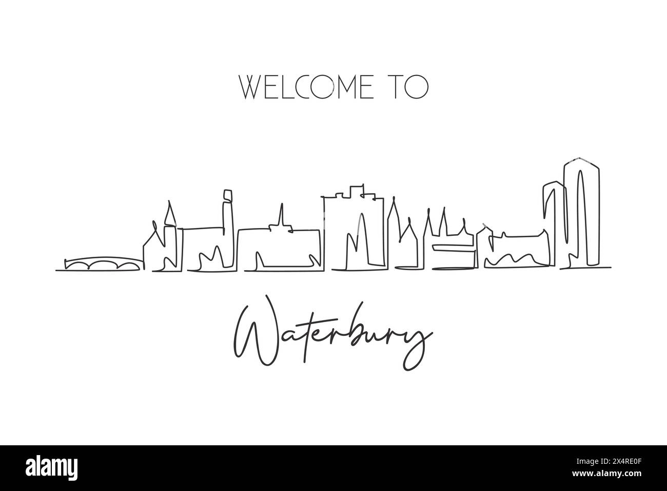 One single line drawing Waterbury city skyline, Connecticut. World ...