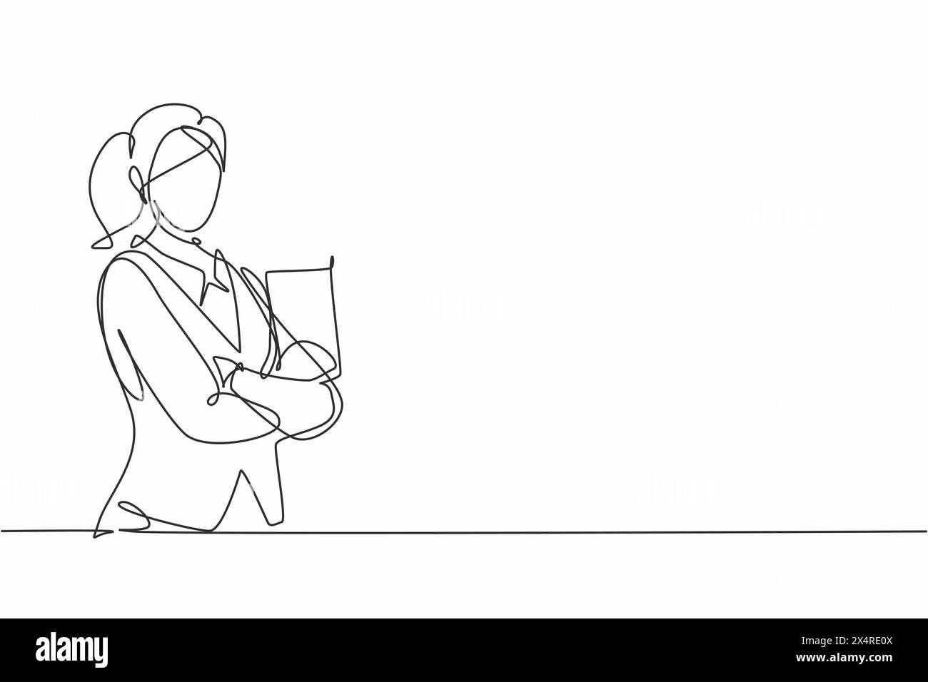 Continuous one line drawing young female waitress holding resto menu ...