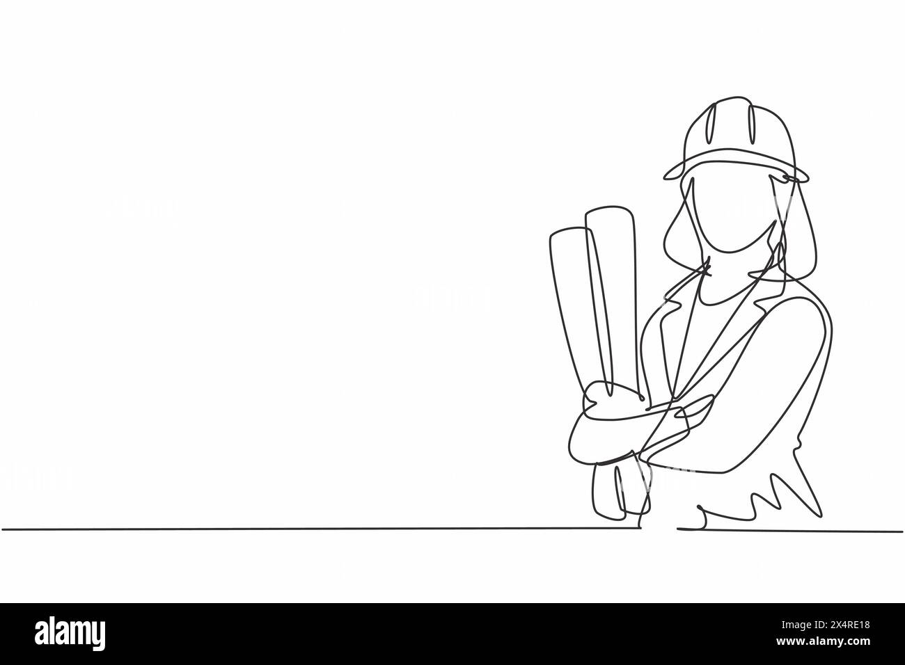 Single continuous line drawing of young female architect holding ...