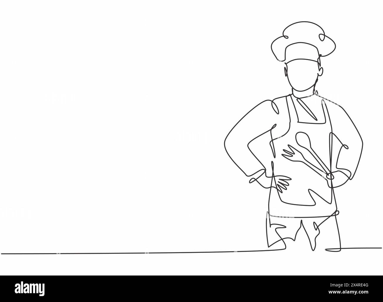 Continuous one line drawing of young male chef posing and holding spoon ...