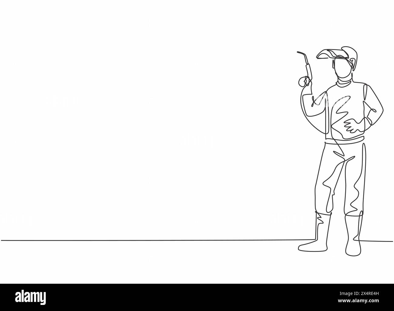 Continuous one line drawing of young male welder pose standing and ...