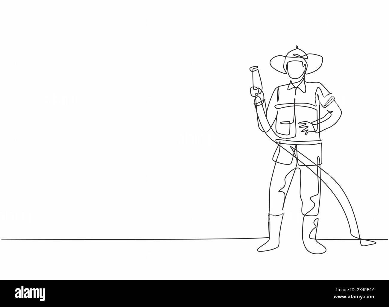 Single one line drawing of young fireman pose standing and holding ...