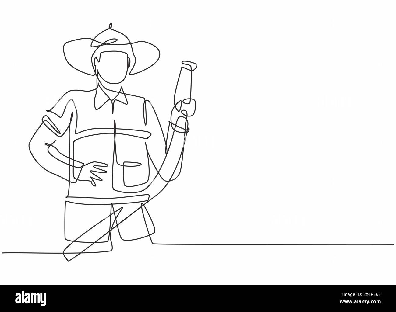 Continuous one line drawing of young male firefighter holding water ...