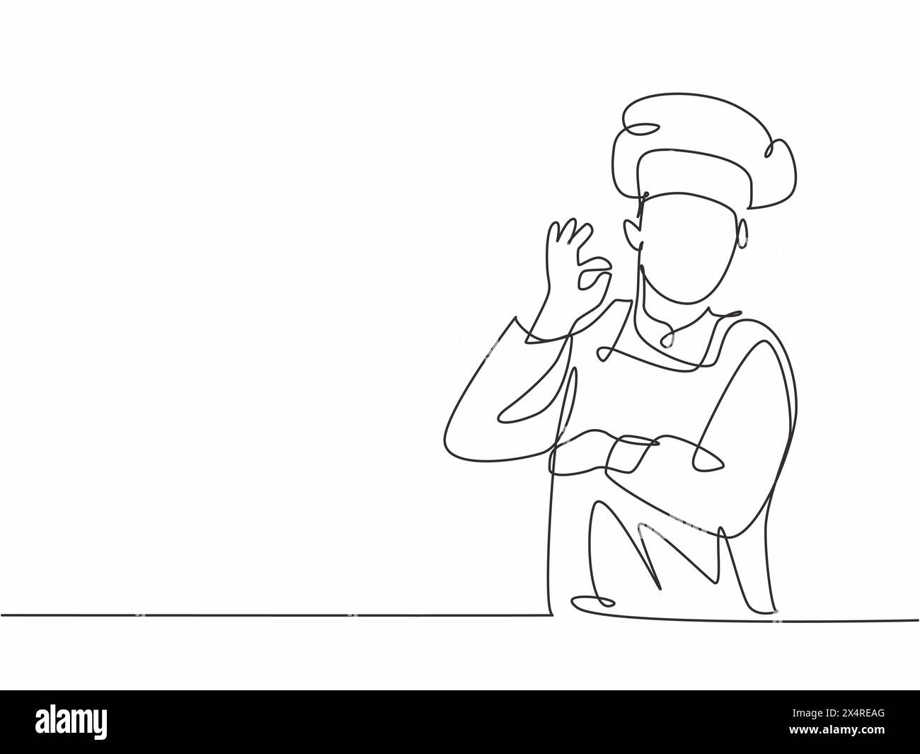 One continuous line drawing of young male chef pose casually while ...