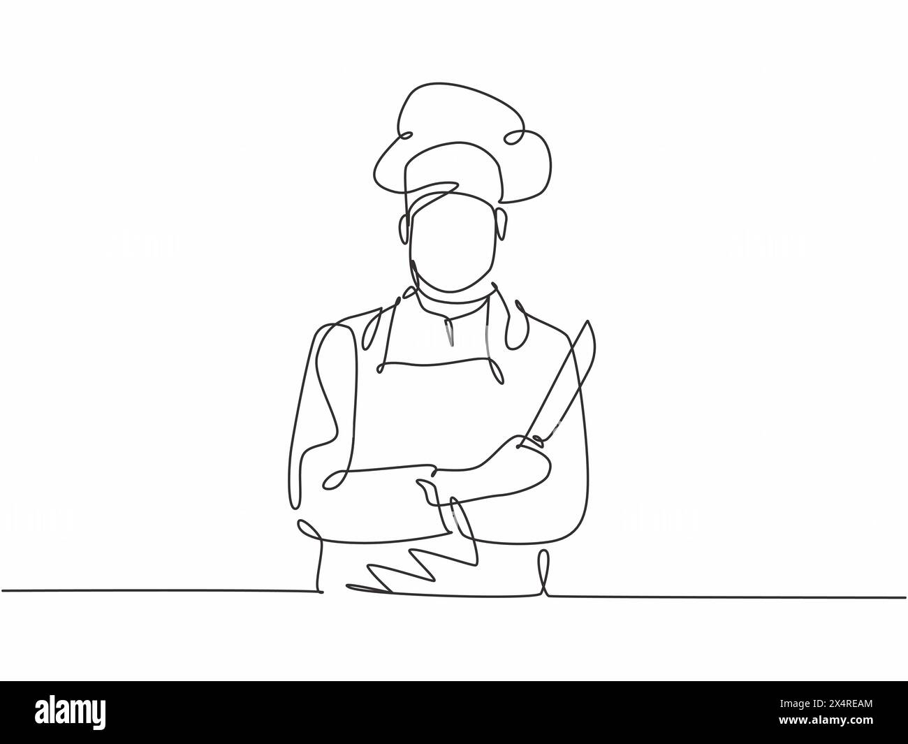 Single one line drawing of young confident handsome male chef holding ...