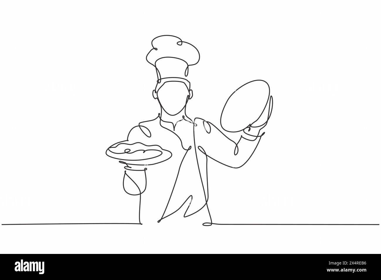 One continuous line drawing of young handsome male chef opening cloche ...