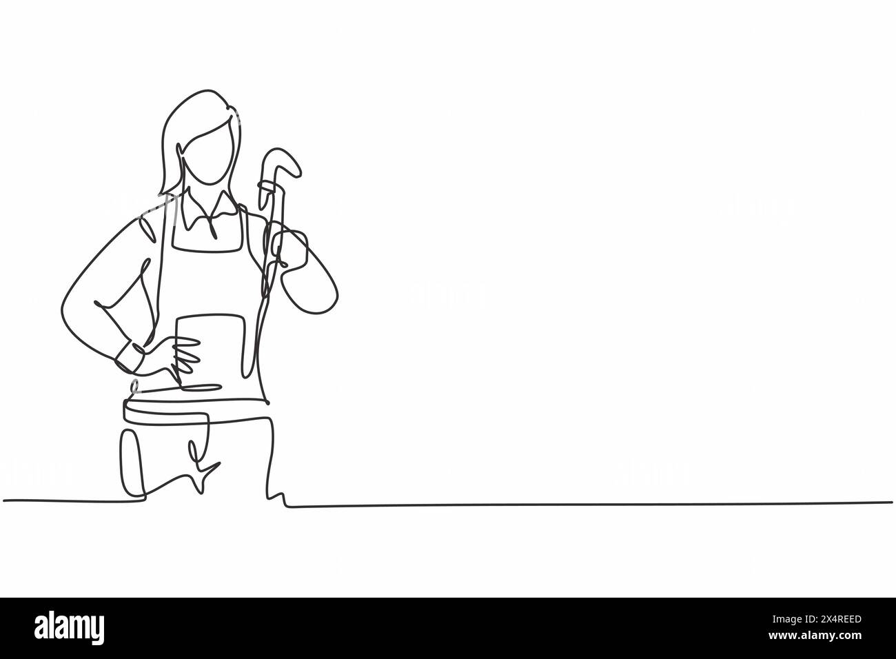 Single one line drawing of young beauty female plumber posing with ...