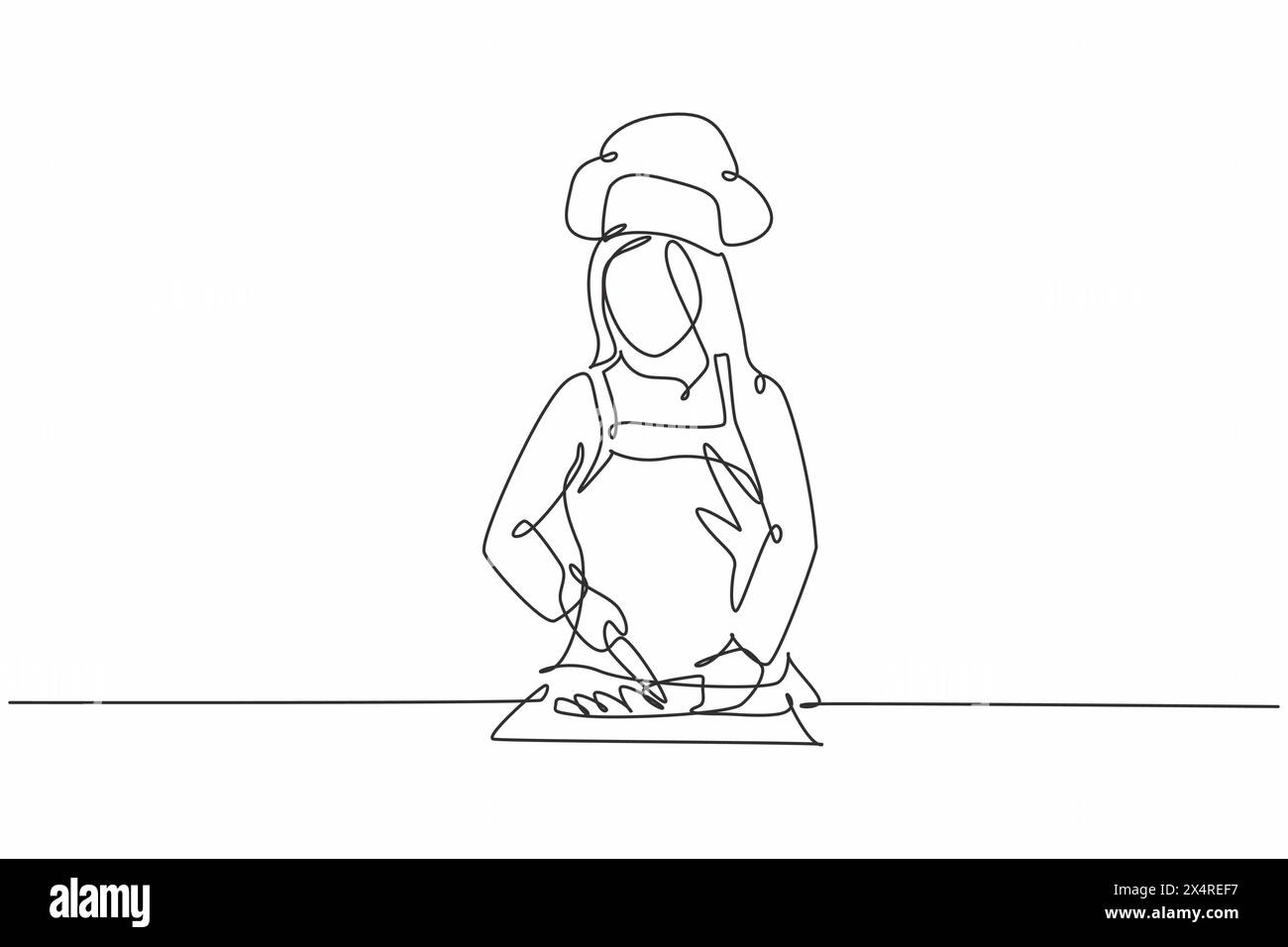 Single one line drawing of young happy attractive female chef slicing ...