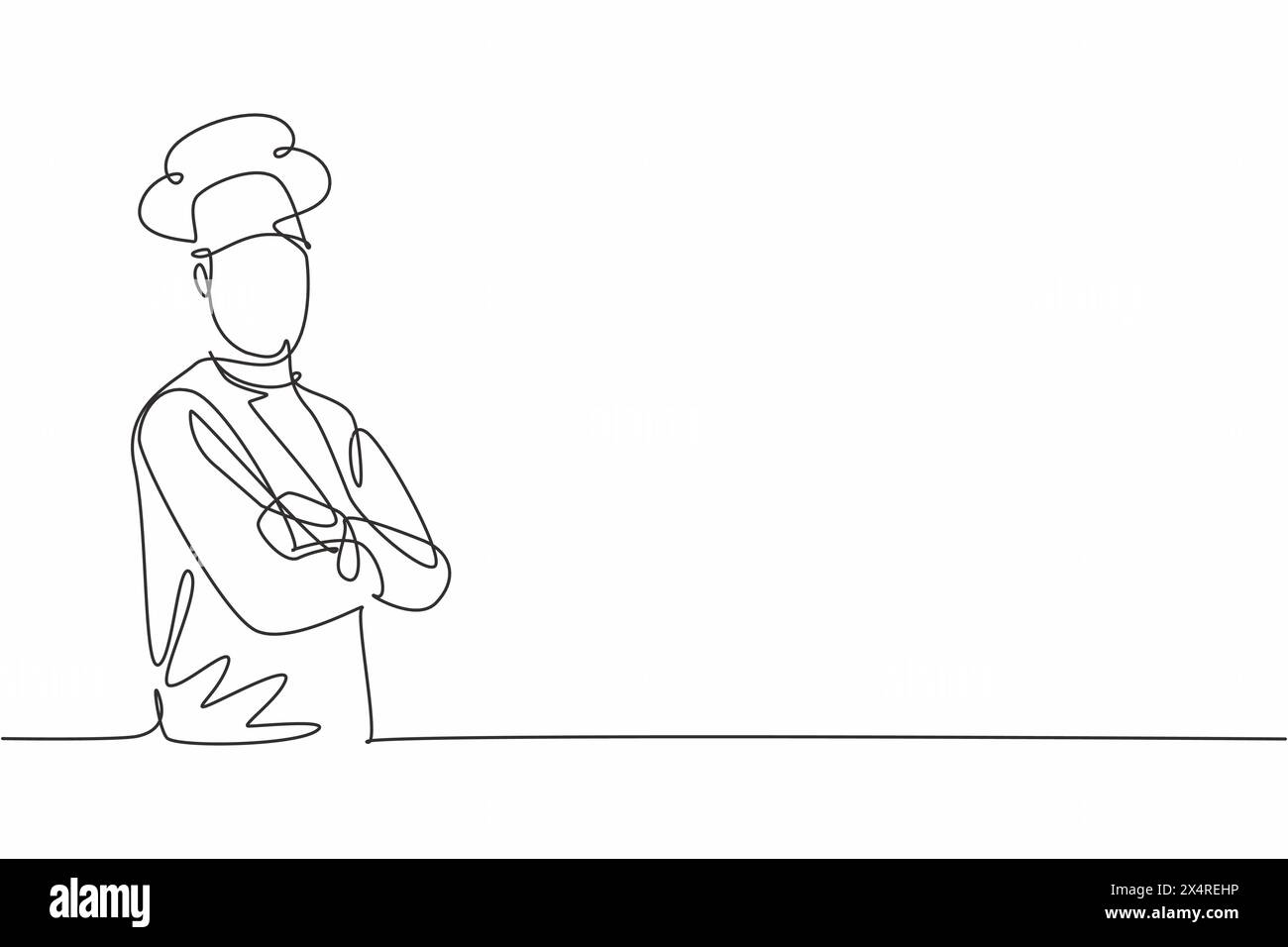 Continuous one line drawing young male chef pose cross his arms on ...