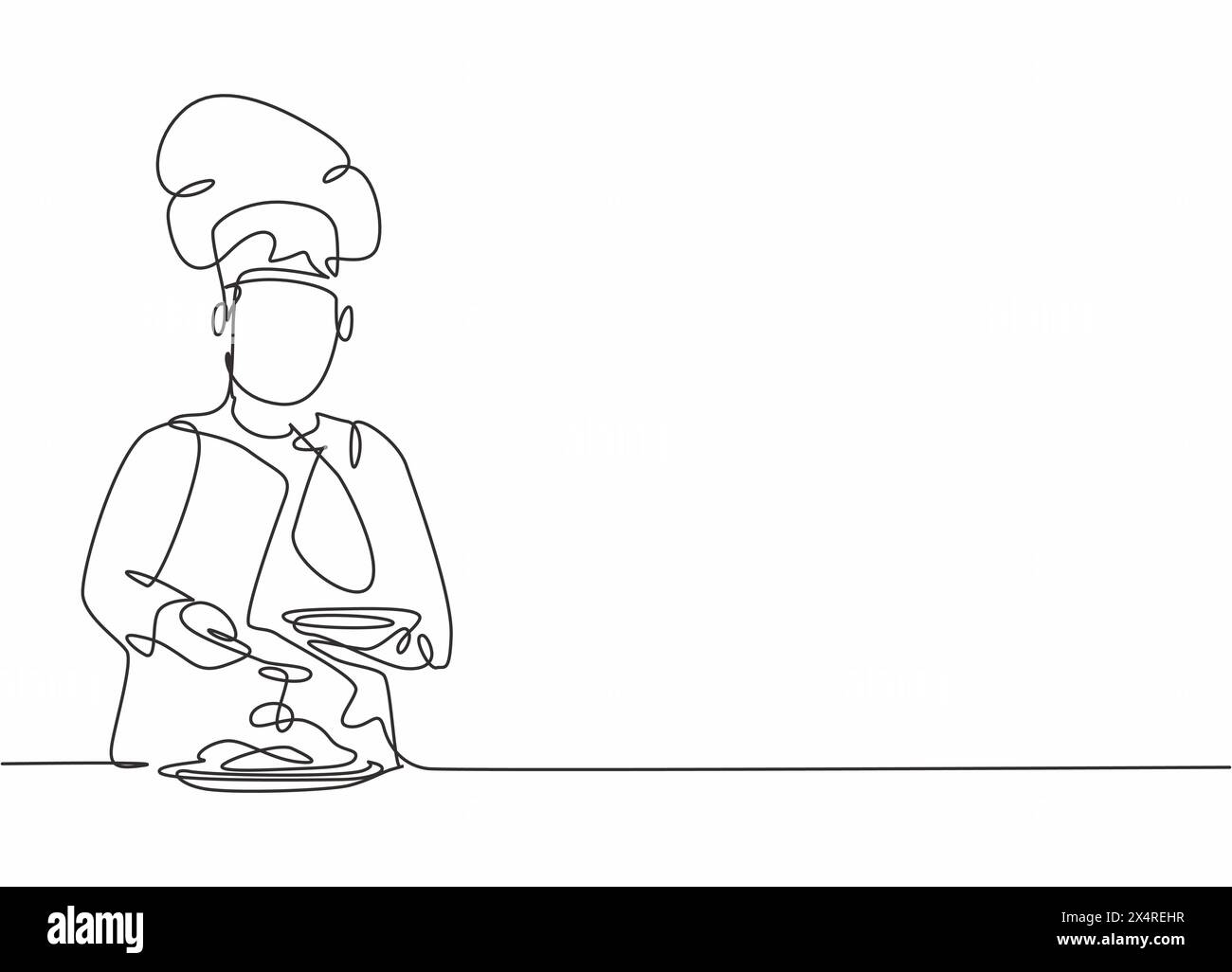 Single continuous line drawing of young happy male chef pouring sauce ...