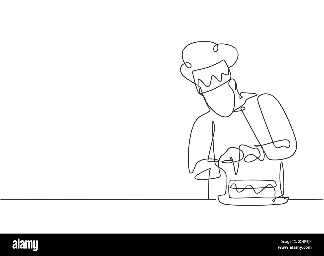 Single continuous line drawing of young male chef decorating birthday ...