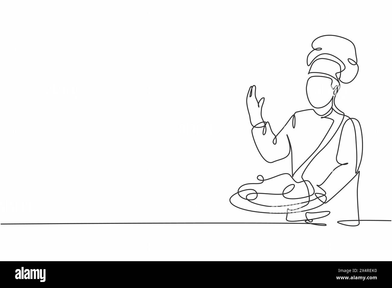 One continuous line drawing of young handsome male chef serving top ...