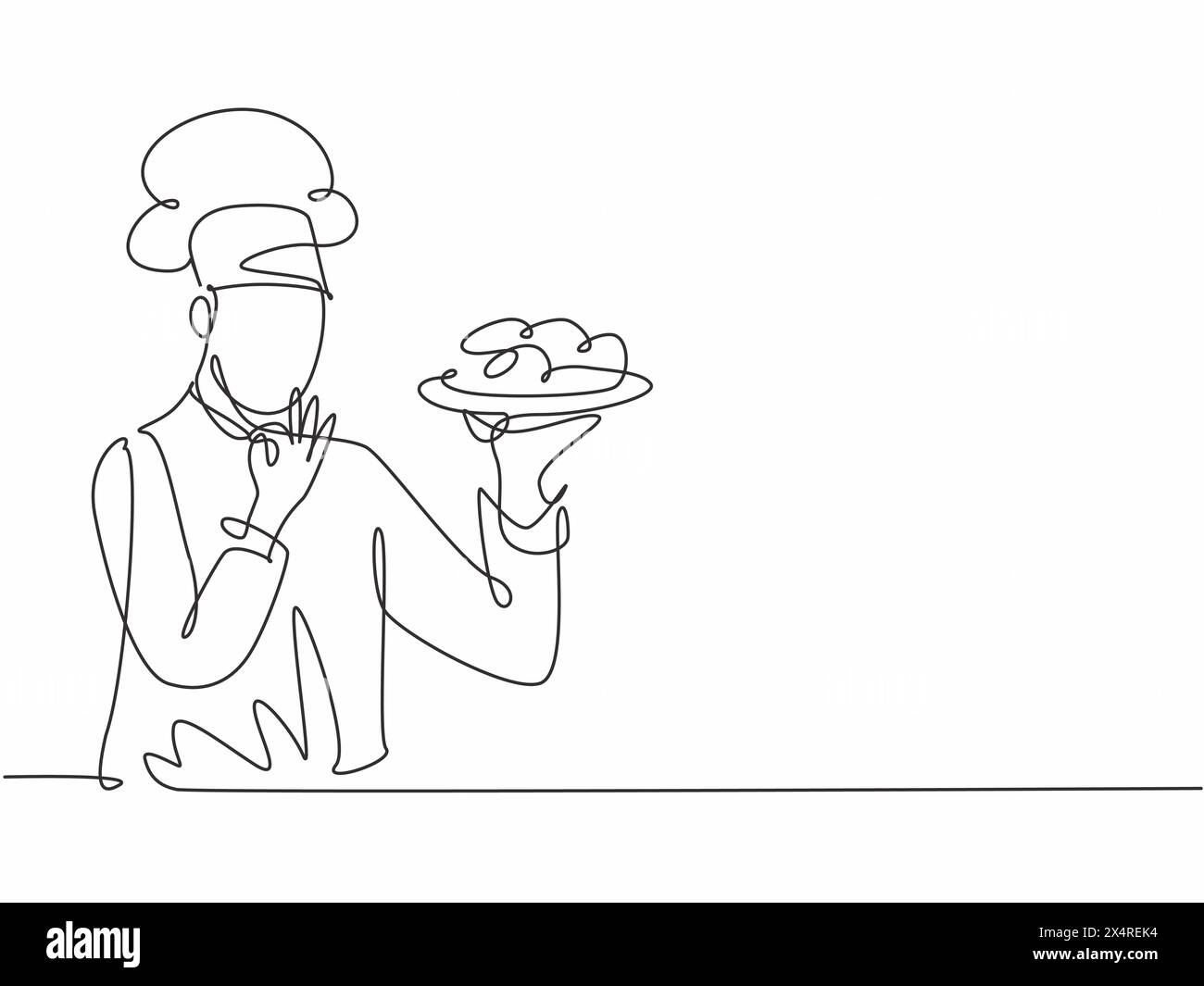 Single one line drawing young happy handsome male chef give tasting ...
