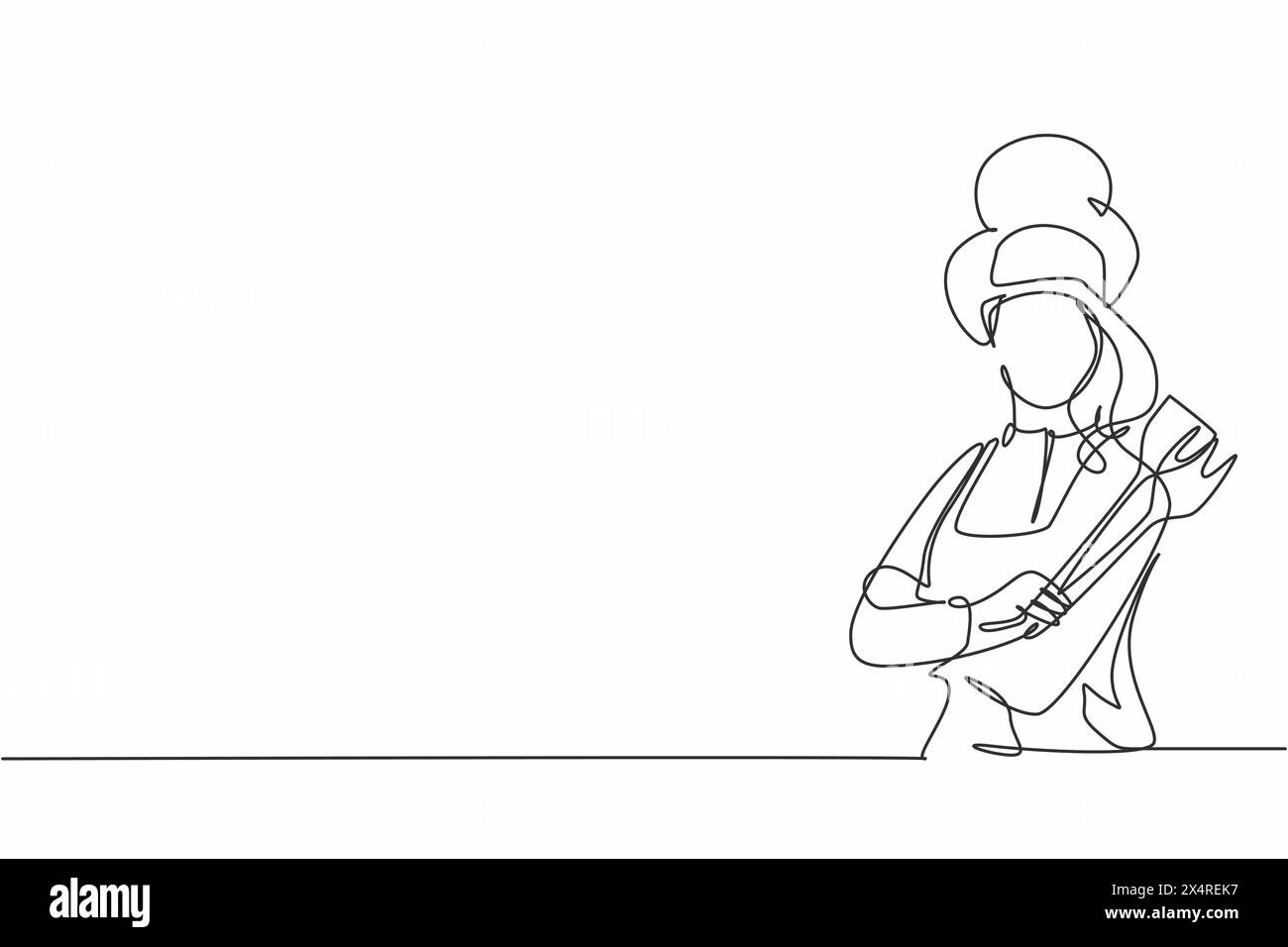 Single continuous line drawing of young female posing cross arm while ...