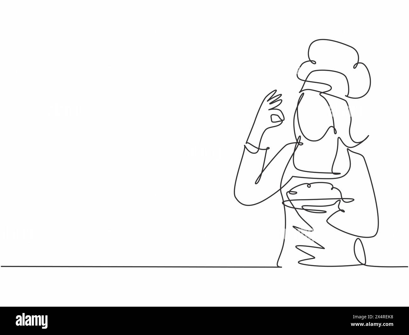 Single one line drawing of young attractive female chef making ...