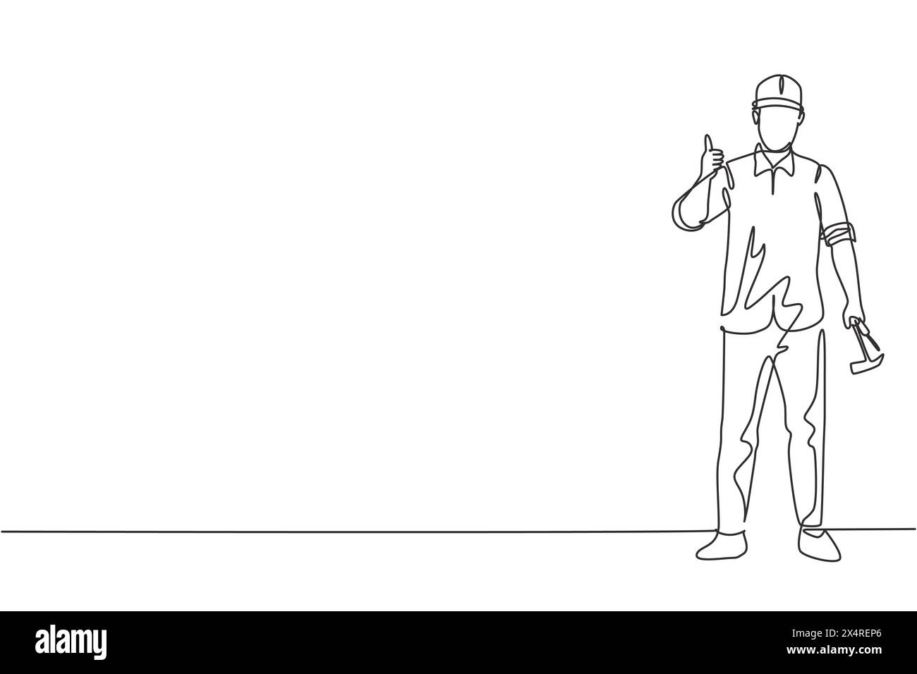 Continuous one line drawing a carpenter standing with a thumbs-up ...