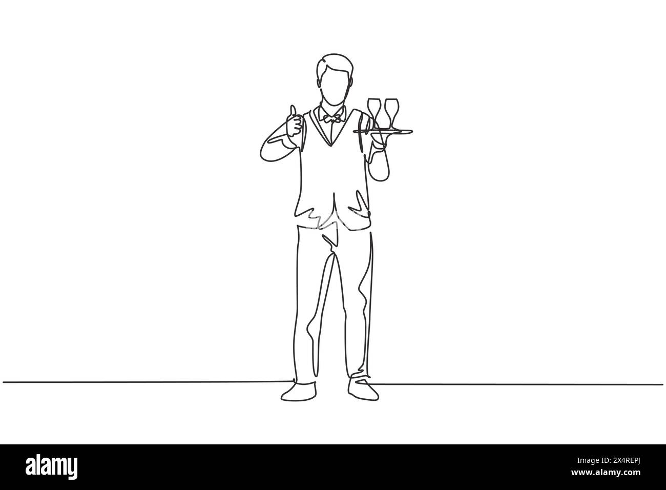Single continuous line drawing waiter stood up with a thumbs-up gesture ...
