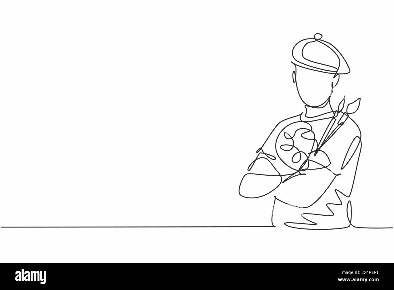 Continuous one line drawing of young male painter artist pose cross arm ...