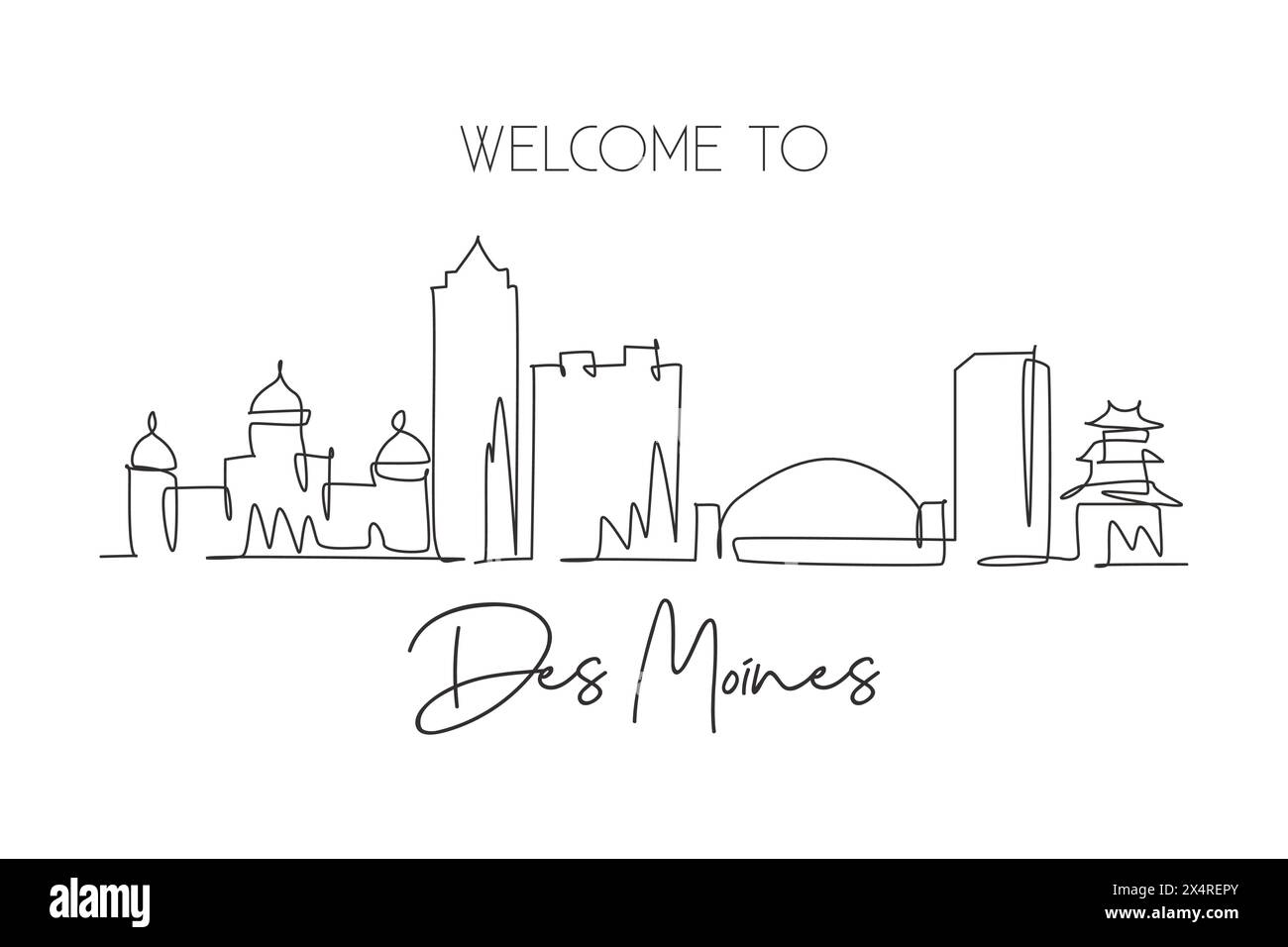 One continuous line drawing of Des Moines city skyline, Iowa. Beautiful ...