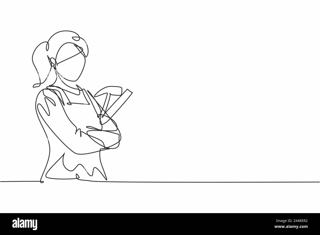 Single one line drawing of young female carpenter holding hammer pose ...