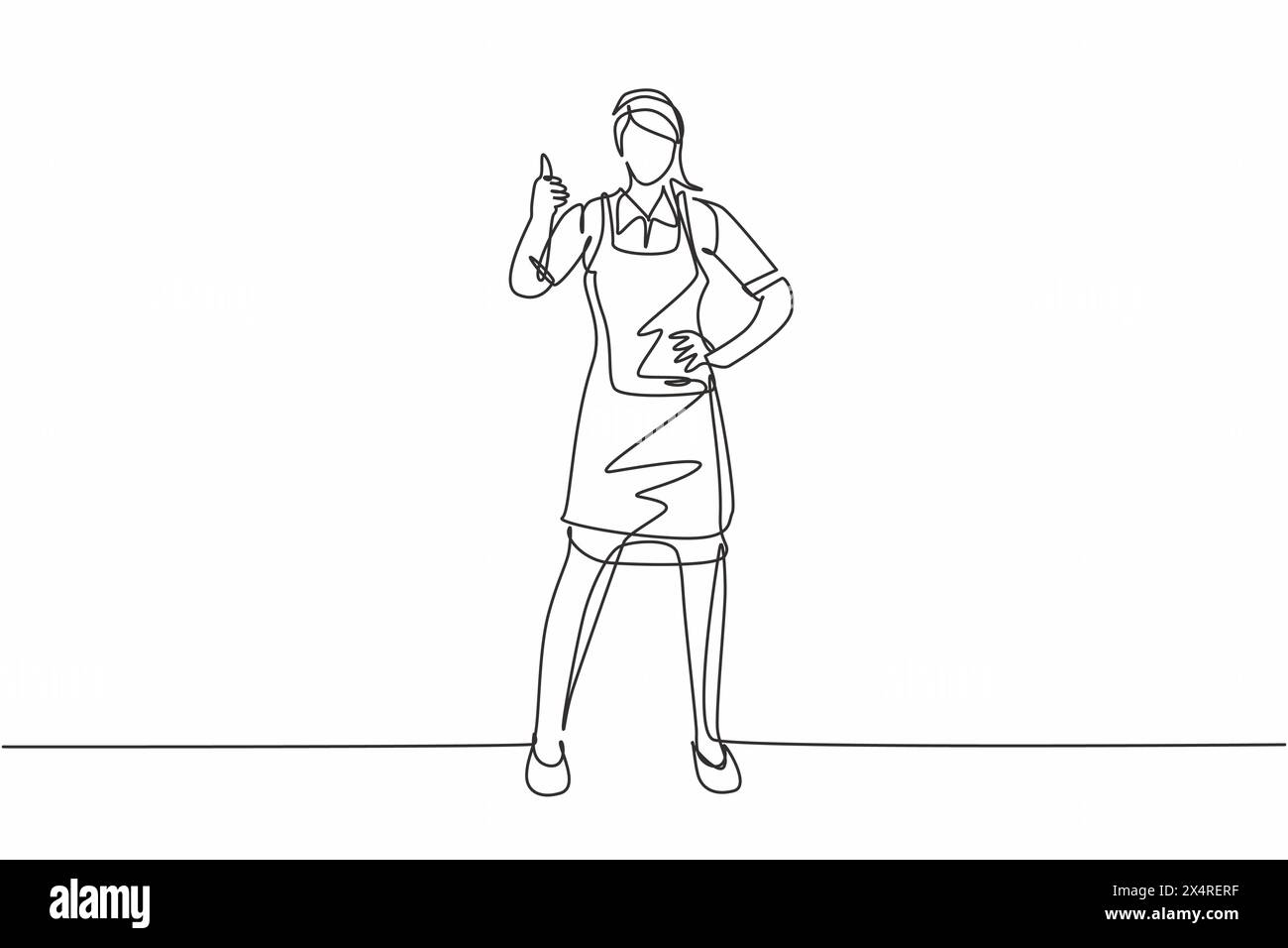 Continuous one line drawing maid in hotel stood with one hand on his ...