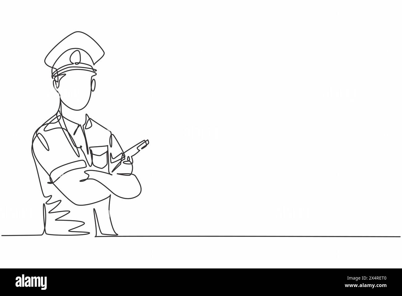 Single continuous line drawing of young police man posing cross arm on ...