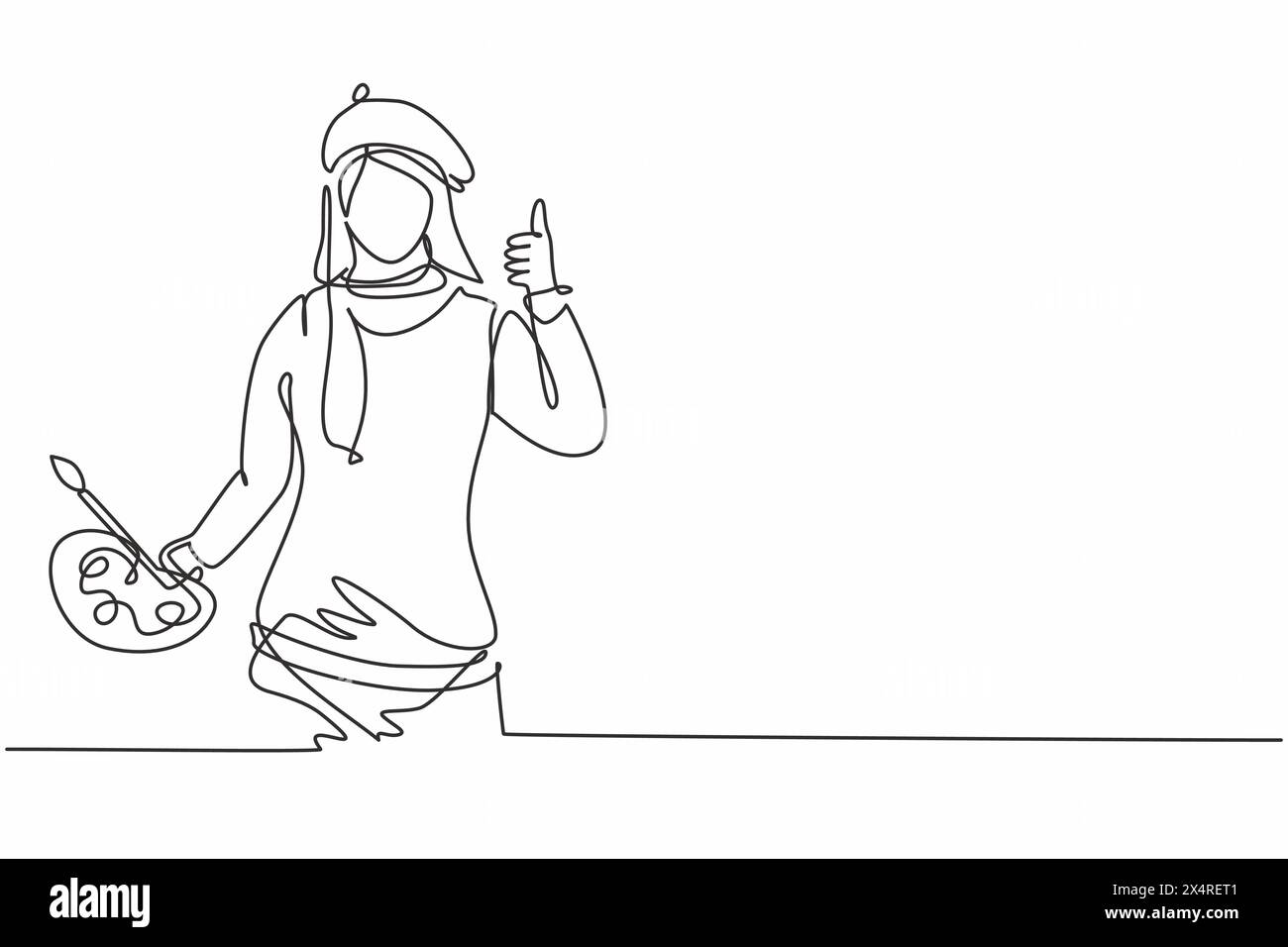 Single continuous line drawing woman painter with a thumbs-up gesture ...