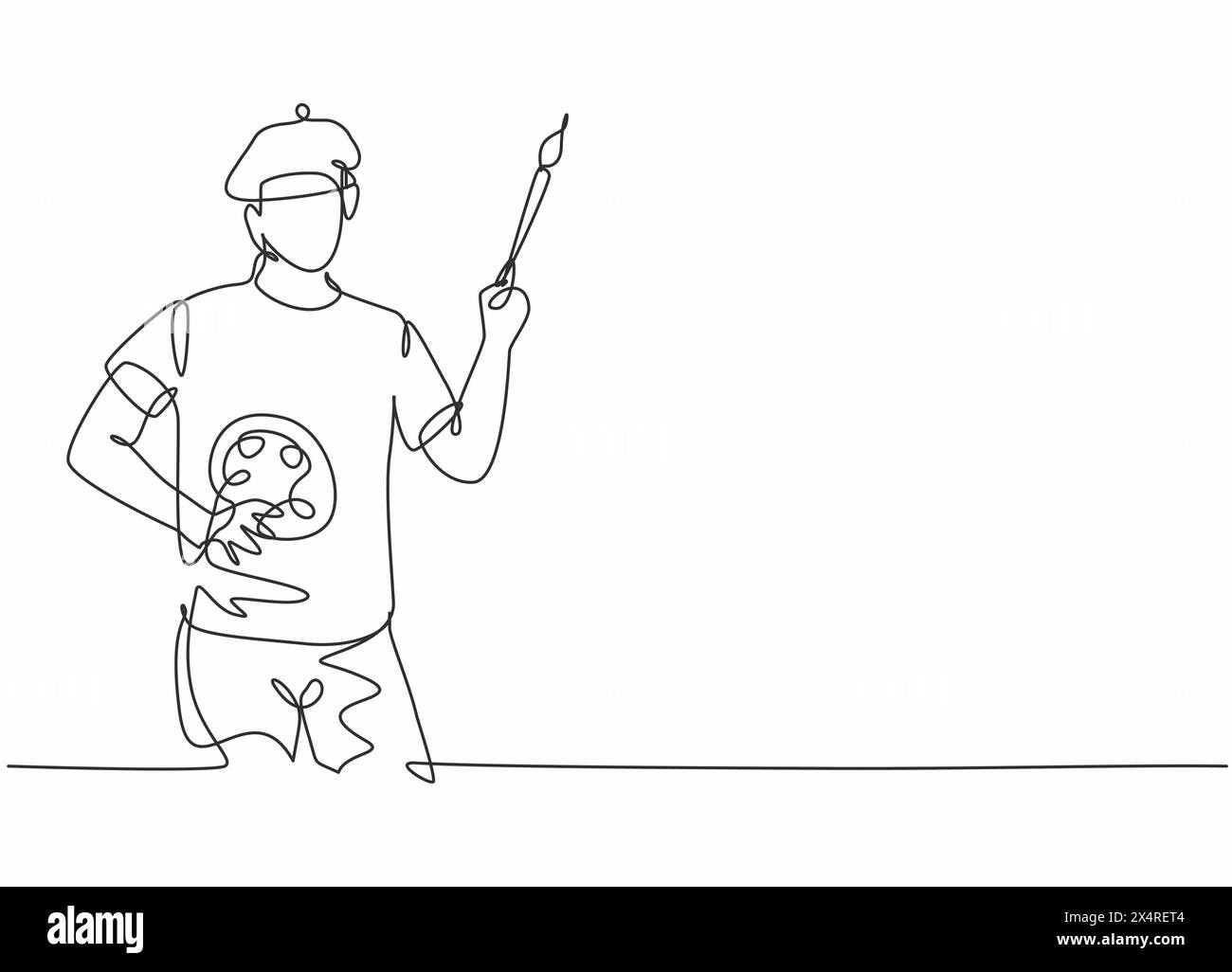 Continuous one line drawing of young painter with flat cap holding ...