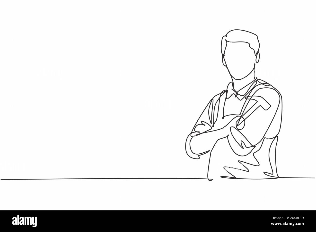 Single one line drawing young male carpenter cross arm on chest and ...