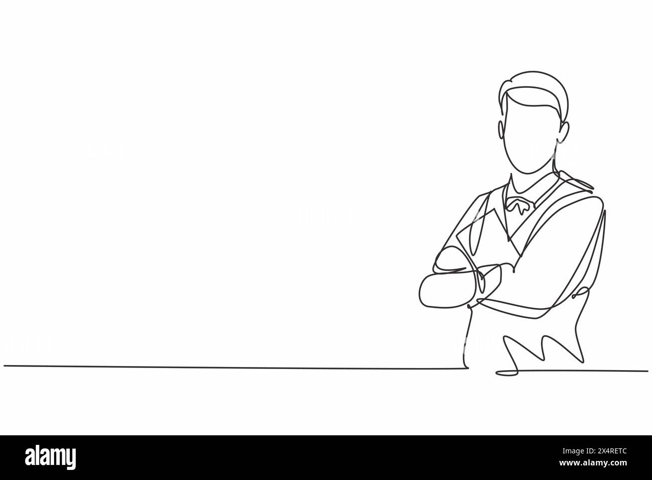 Single continuous line drawing of young male waiter cross arm on chest ...