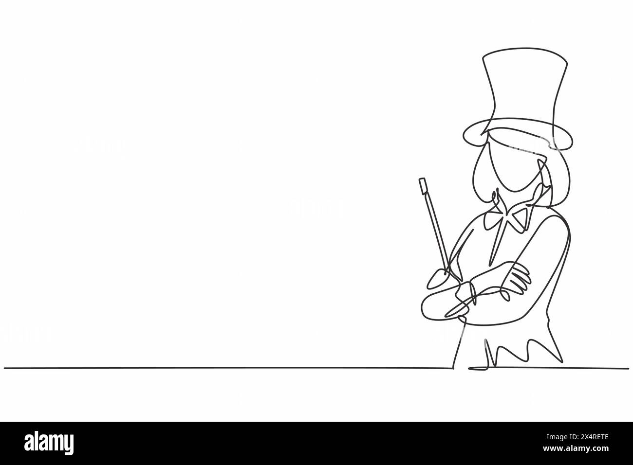 Single one line drawing of young female magician on tuxedo holding ...