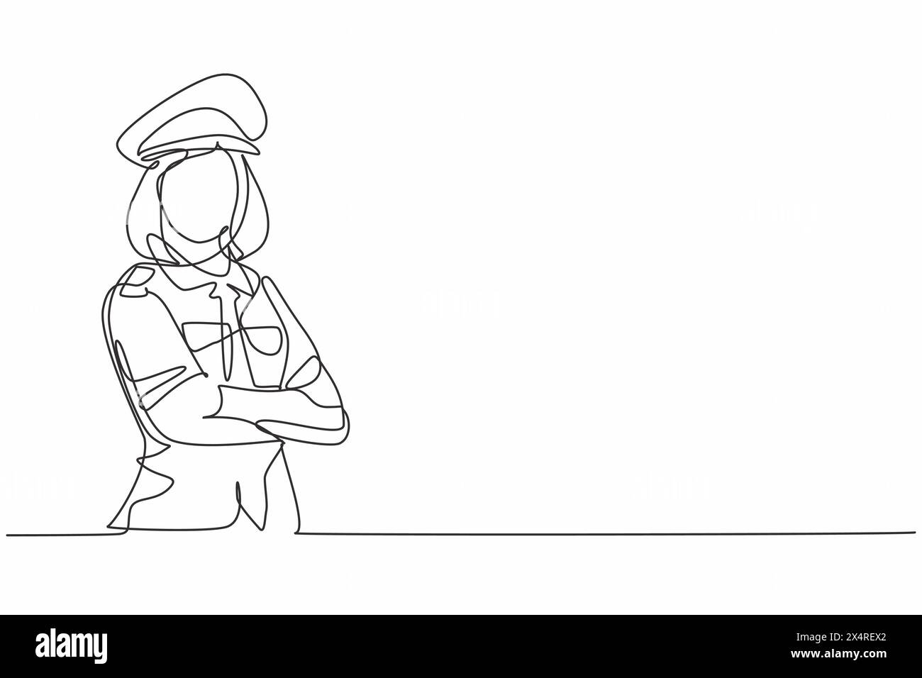 Single one line drawing of young beauty female pilot in uniform cross ...