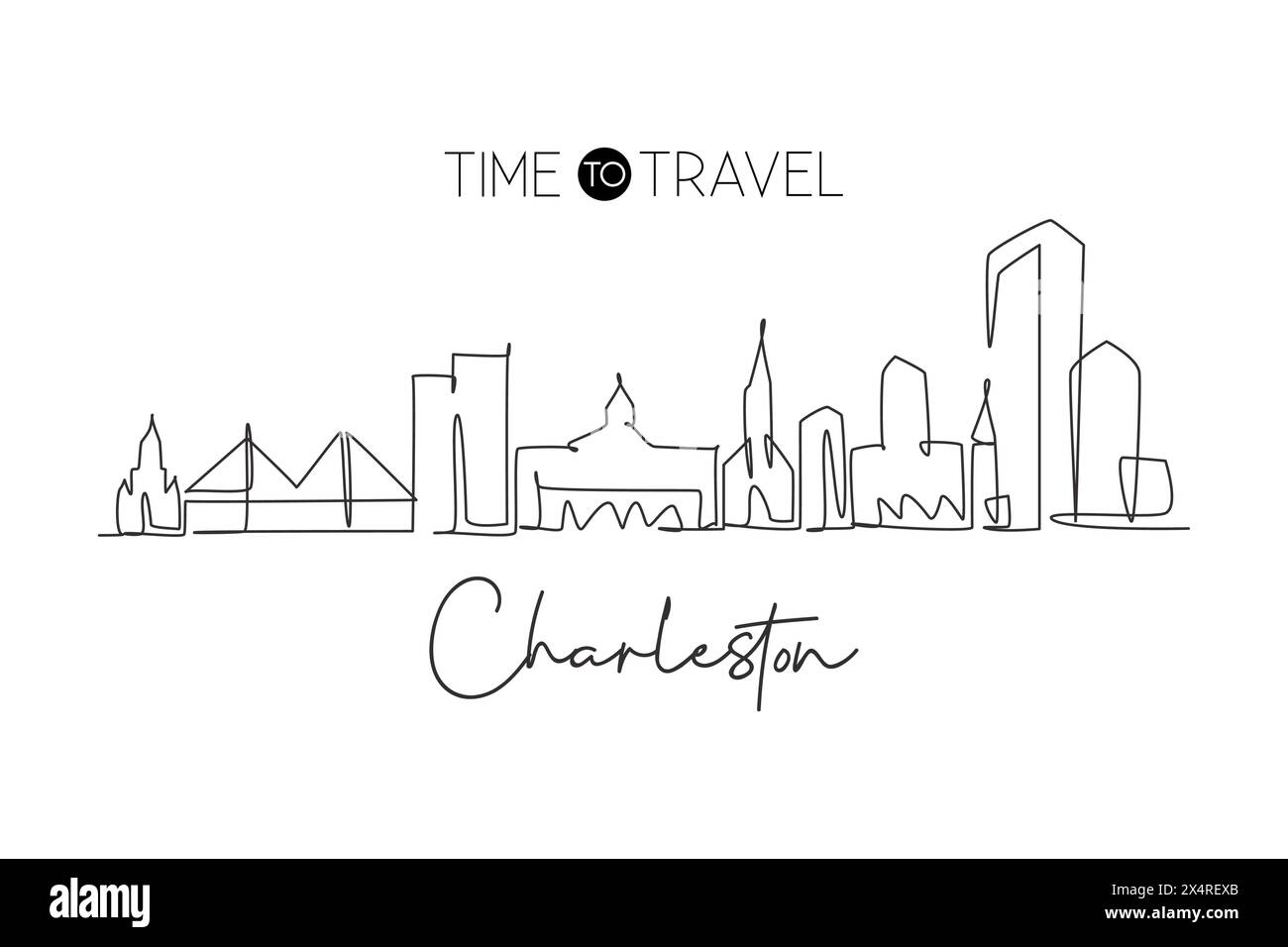 One continuous line drawing Charleston city skyline South Carolina ...