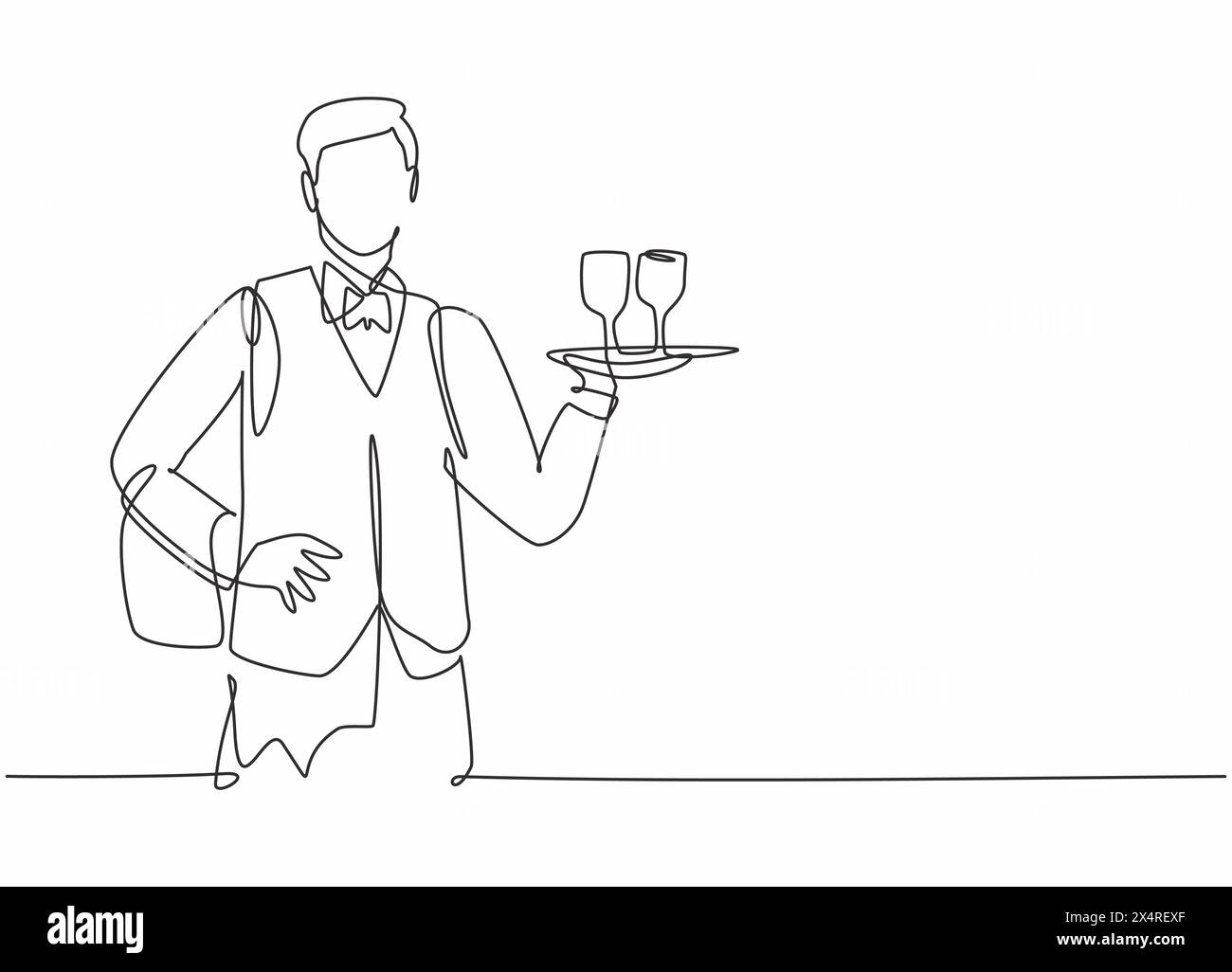 Single one line drawing of young waiter man holding metal tray with ...